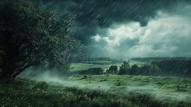 Violent Storm Sweeping Over a Countryside with Trees Swaying in the ...