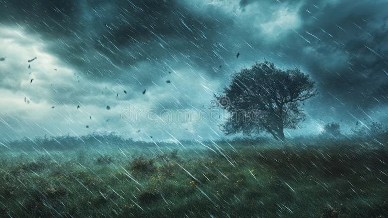 Violent Storm Sweeping Over a Countryside with Trees Swaying in the ...