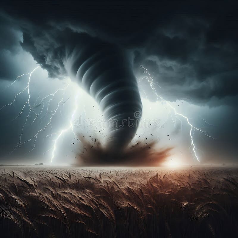 Violent Tornado Strikes Field As Lightning Cracks Behind Stock Image ...