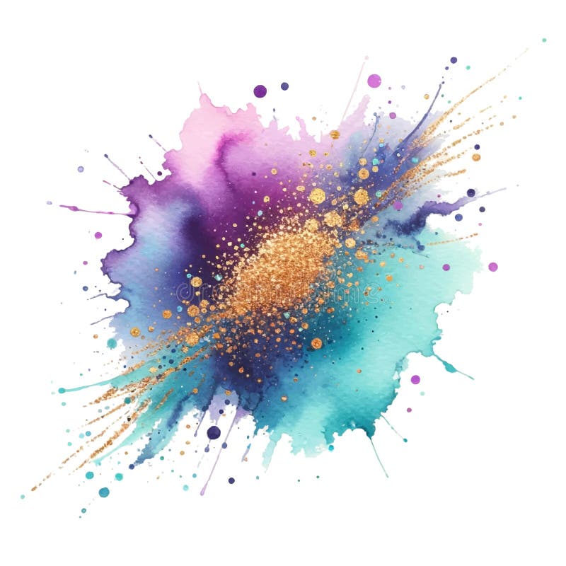 Violet Blue Watercolor Splash Blot Splatter Stain With Wet Effect Gold