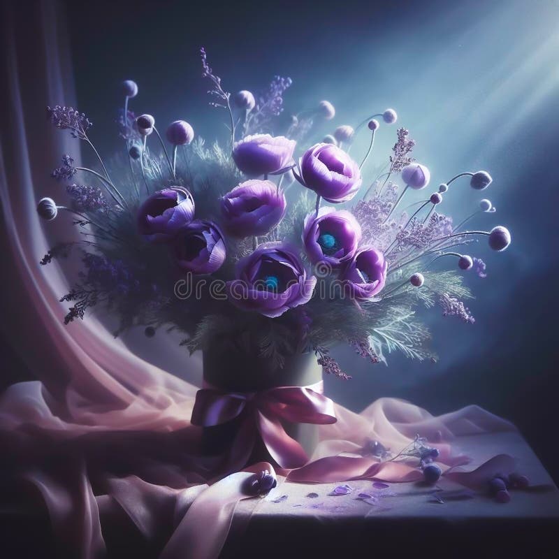 Violet Bouquet with Dramatic Side Light. Flowers and Plants in Spring ...