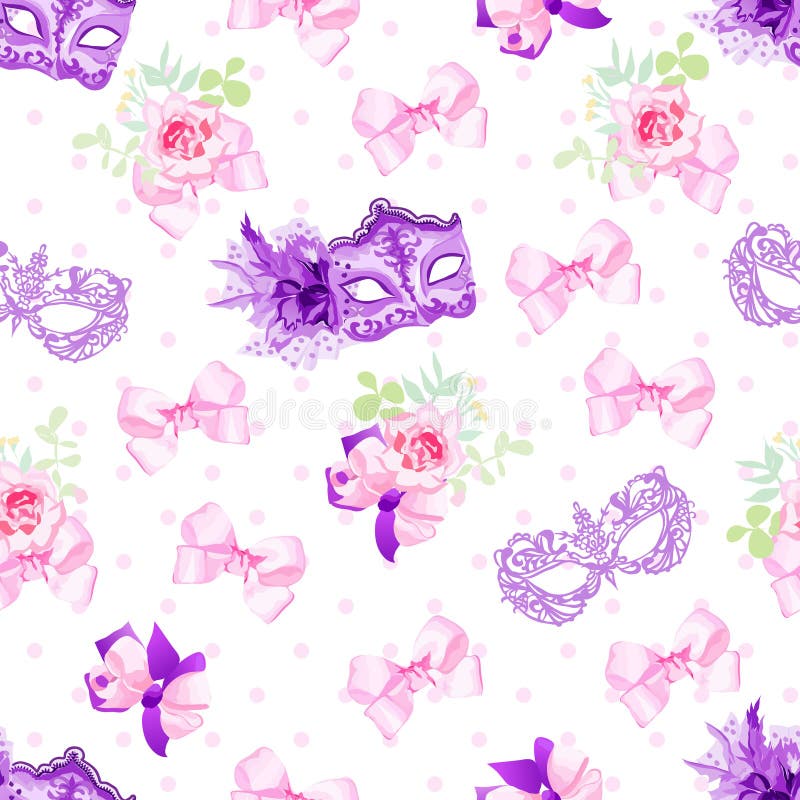 Violet Carnival Masks, Small Floral Bouquets with Bows Seamless Stock ...