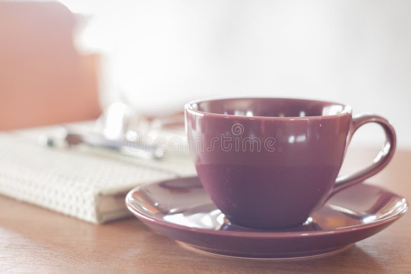 Violet Coffee Cup on Wooden Table Stock Image - Image of handle, single ...