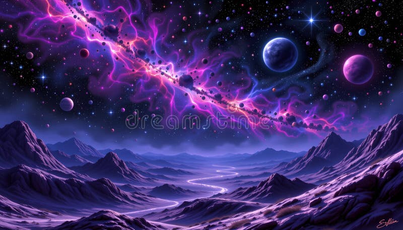 Violet Cosmos, Planets Below, Space Above Stock Illustration ...