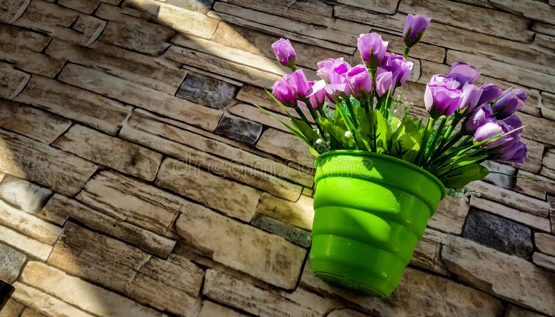 Violet Flowers in a Green Flower Pot Attached To the Stone Cladding ...