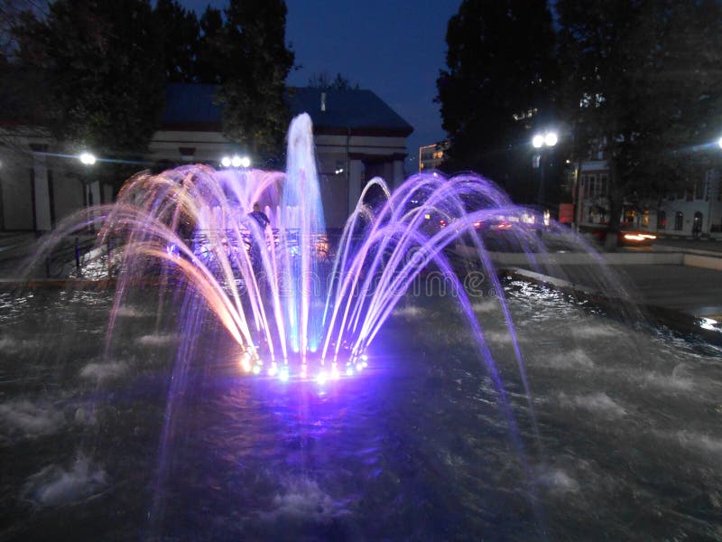 Violet Fountain in the Town in the Night. Stock Photo - Image of blue ...