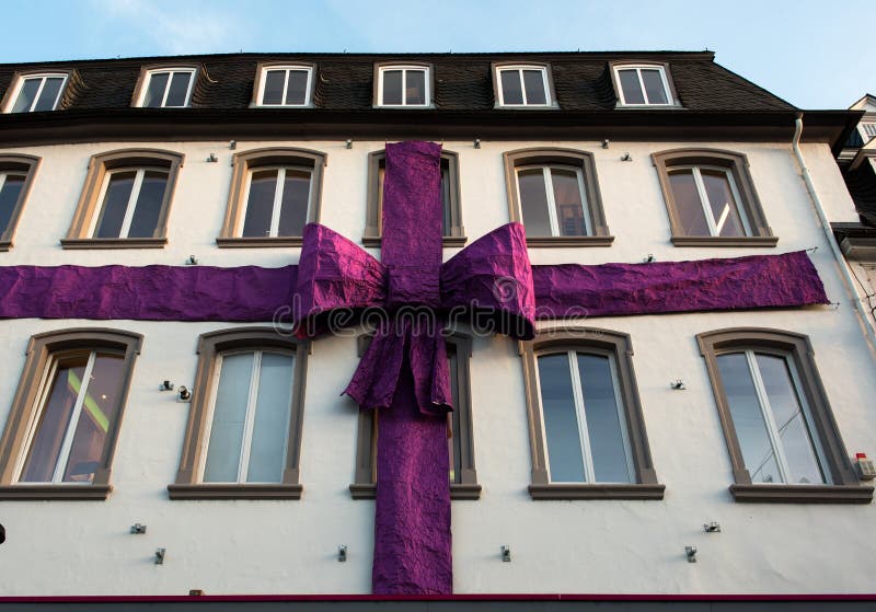 Violet Huge Ribbon on a Building Facade Stock Image - Image of festive ...