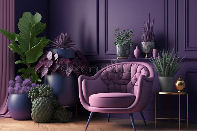Violet Interior with Armchair and Plants, Created with Generative AI ...