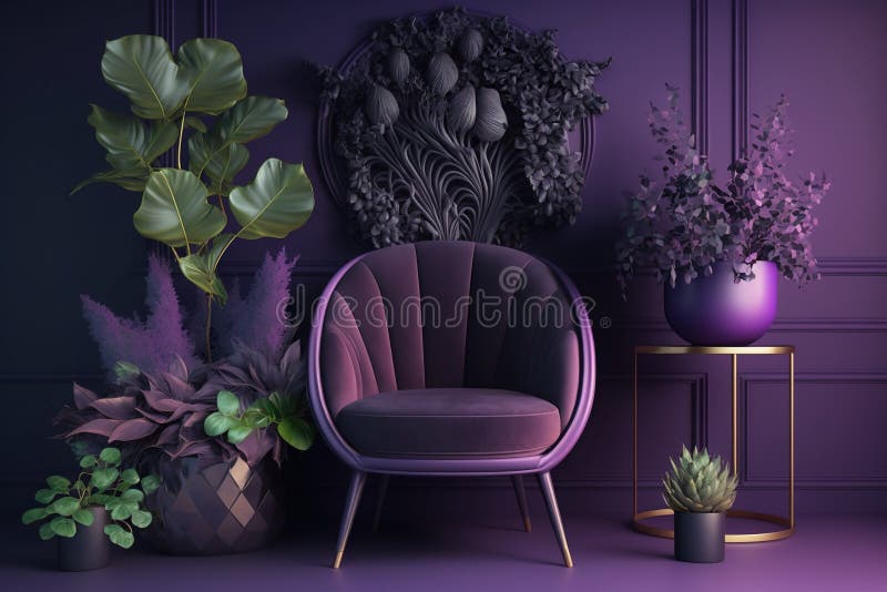 Violet Interior with Armchair and Plants, Created with Generative AI ...