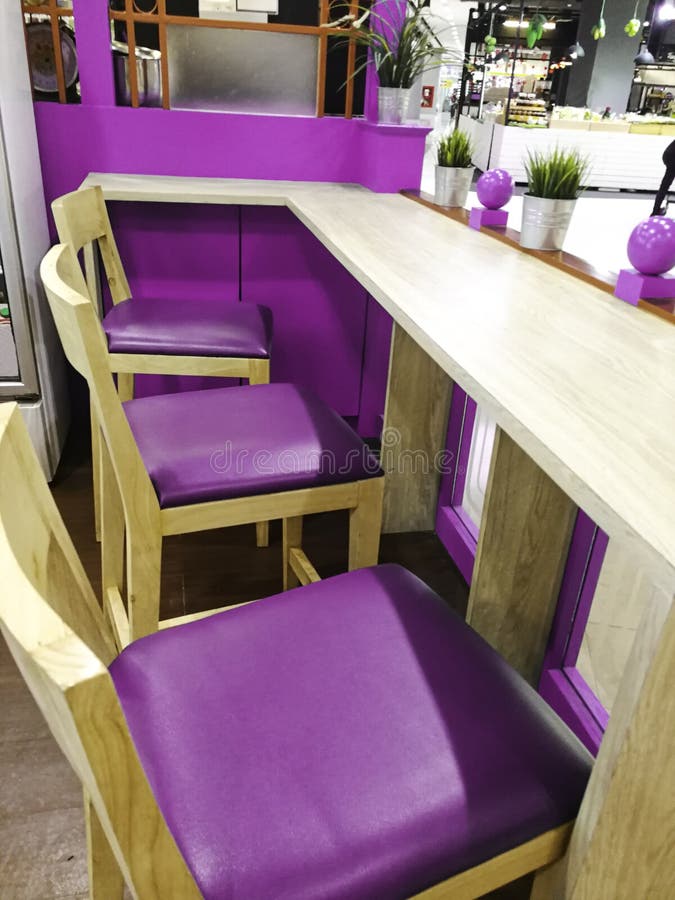 Violet Leather Wood Chair and Table in Restaurant. Comfortable Seat ...