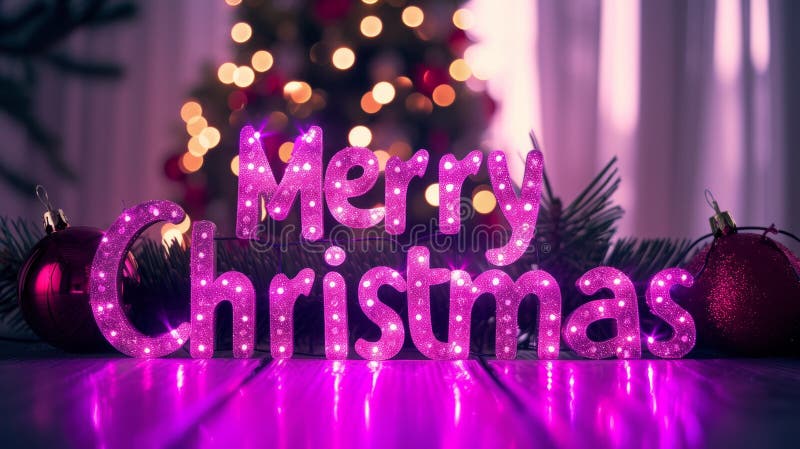 Violet Led Merry Christmas Concept Creative Horizontal Art Poster Stock Illustration