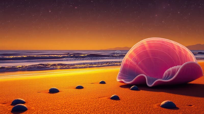 Violet Ocean and Glowing Seashell Stock Illustration - Illustration of ...