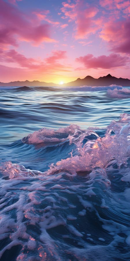 Violet Ocean. Pink Sunset Reflected in the Sea Waves Stock Illustration ...