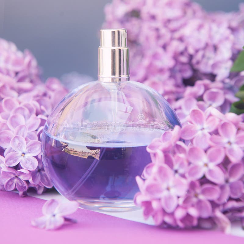 Violet Perfume Bottle with Lilac Flowers Stock Photo - Image of mockup ...