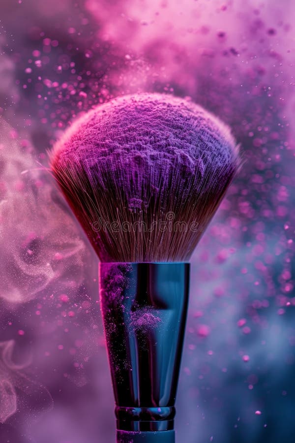 Violet Powder Exploding from Makeup Brush in a Neon Lit Studio, Makeup ...