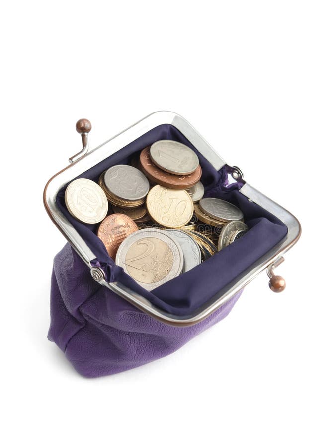 Violet Purse is Full of Coins Stock Photo - Image of earnings, change ...