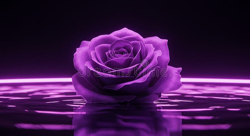 A Violet Rose is Centered on a Reflective Water Surface, Illuminated by ...