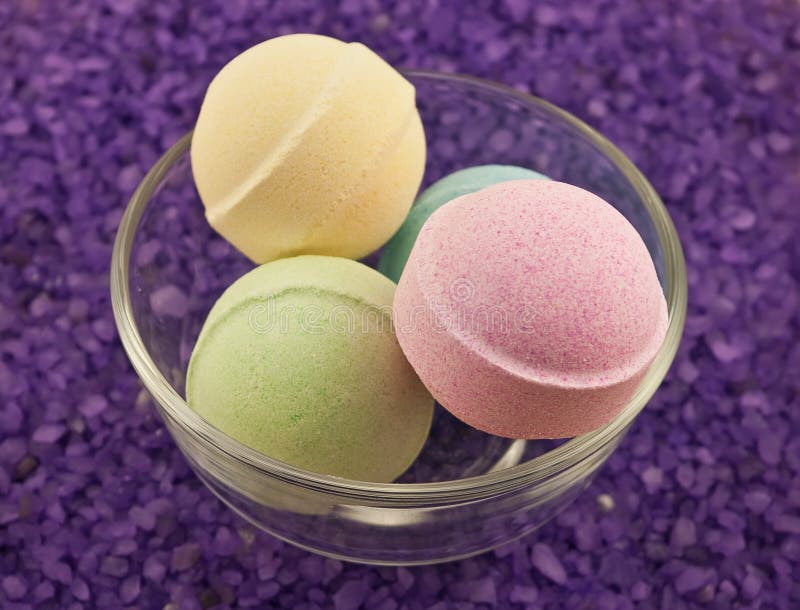 Violet salt and bath balls stock photo. Image of bomb - 12872354