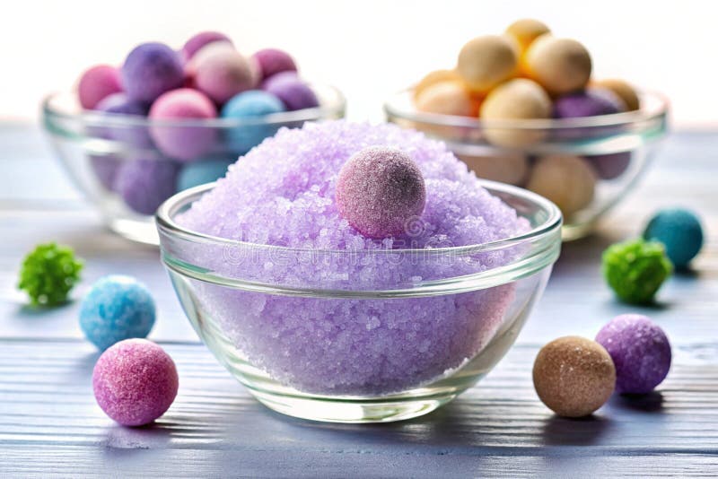 Violet Salt and Multicoloured Bath Balls in Glass Bowl Stock ...