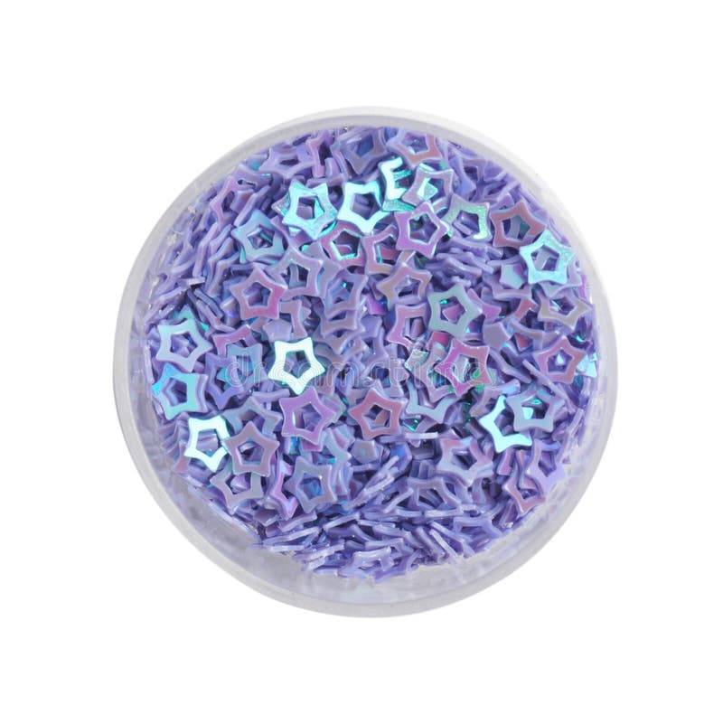 Violet Sequins in Shape of Stars on White Background, Top View Stock ...
