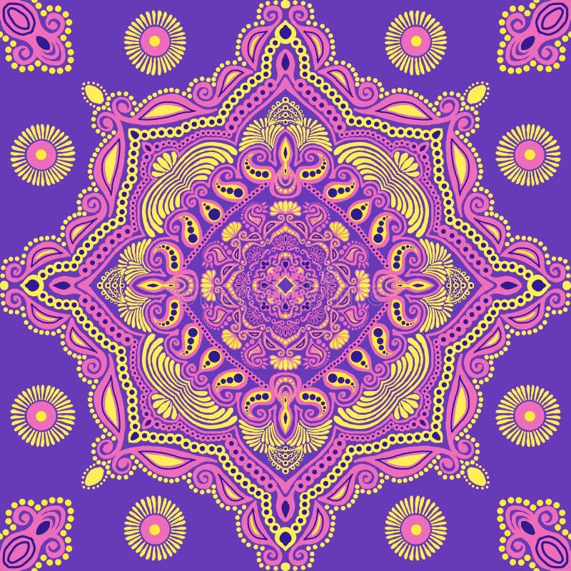 Violet and Yellow Square Mandala Stock Illustration - Illustration of ...