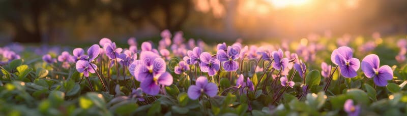 Violets Field Blurred Sunrise Banner Background. Generative AI Stock ...