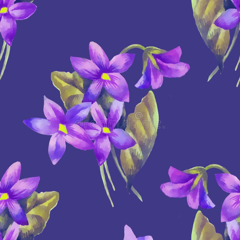 Violets, Watercolor Illustration, Seamless Pattern Stock Illustration ...