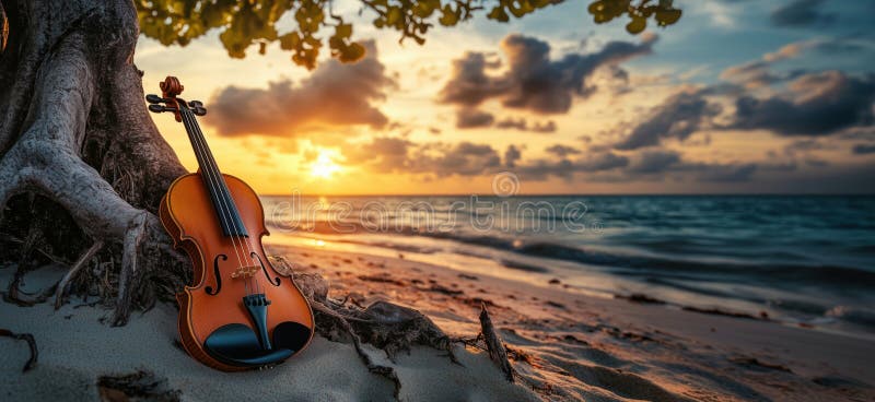 Violin on Beach at Sunset, Captivating Scene with Ocean Waves and ...