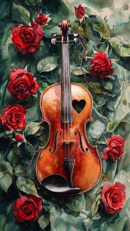 Violin with a Bouquet of Fresh Roses on a Wooden Surface Stock ...