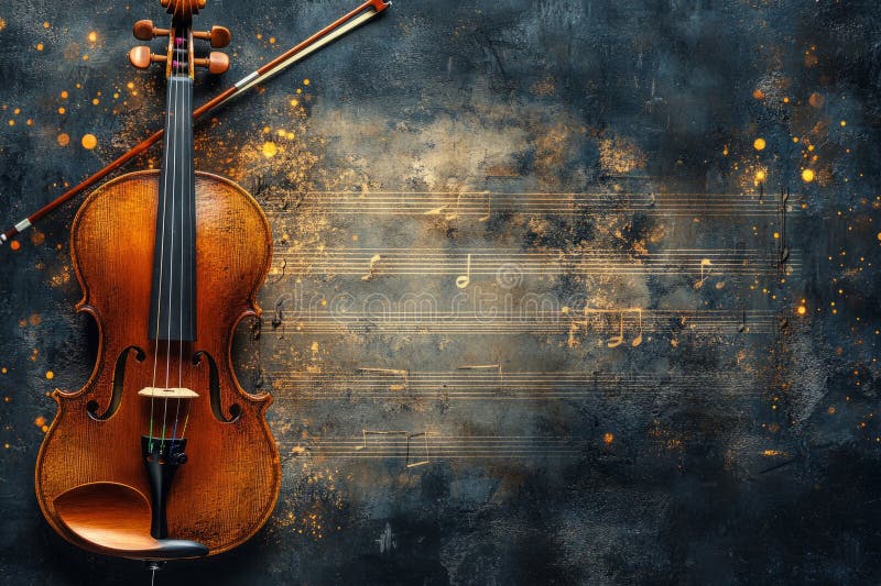 Violin and Bow Arranged on a Textured Surface with Golden Musical Notes ...