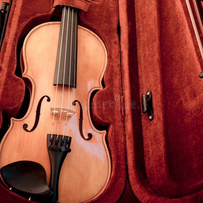 Violin and Bow in Dark Red Case. Close Up View of a Violin Stock Image ...