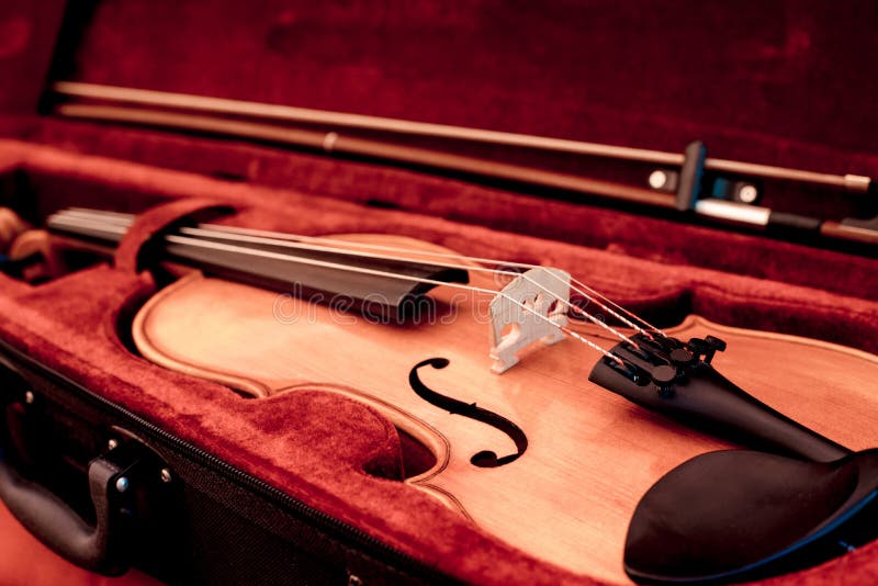 Violin and Bow in Dark Red Case. Close Up View of a Violin Stock Image ...