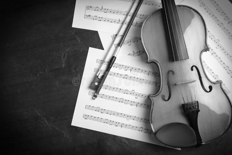 Violin, Bow and Note Sheets on Stone Table, Flat Lay. Black and White ...