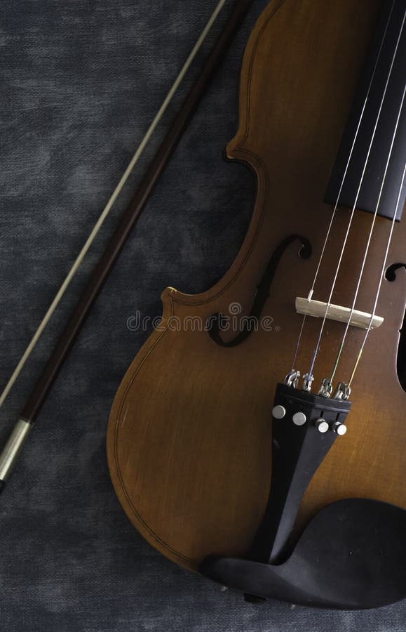 Violin Half Front Side and Bow Put on Background Stock Image - Image of ...