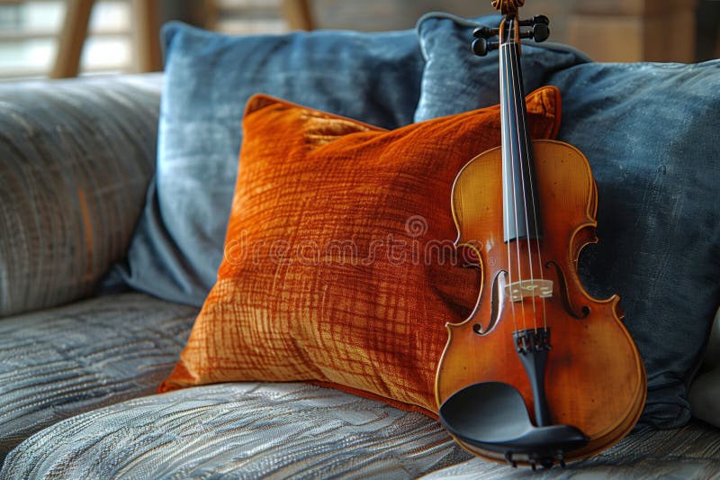A Beautifully Crafted Violin Resting Against Plush Pillows on a Sofa ...