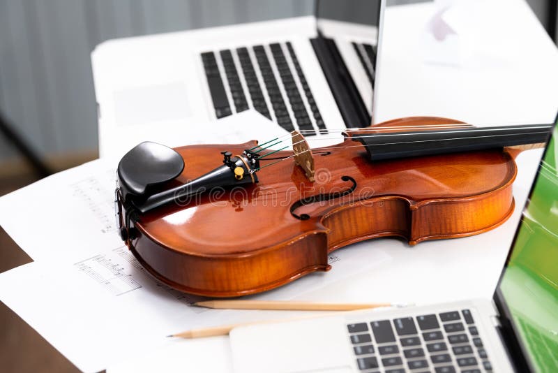 Violin with Music Paper Note and Notebook on Table Stock Image - Image ...