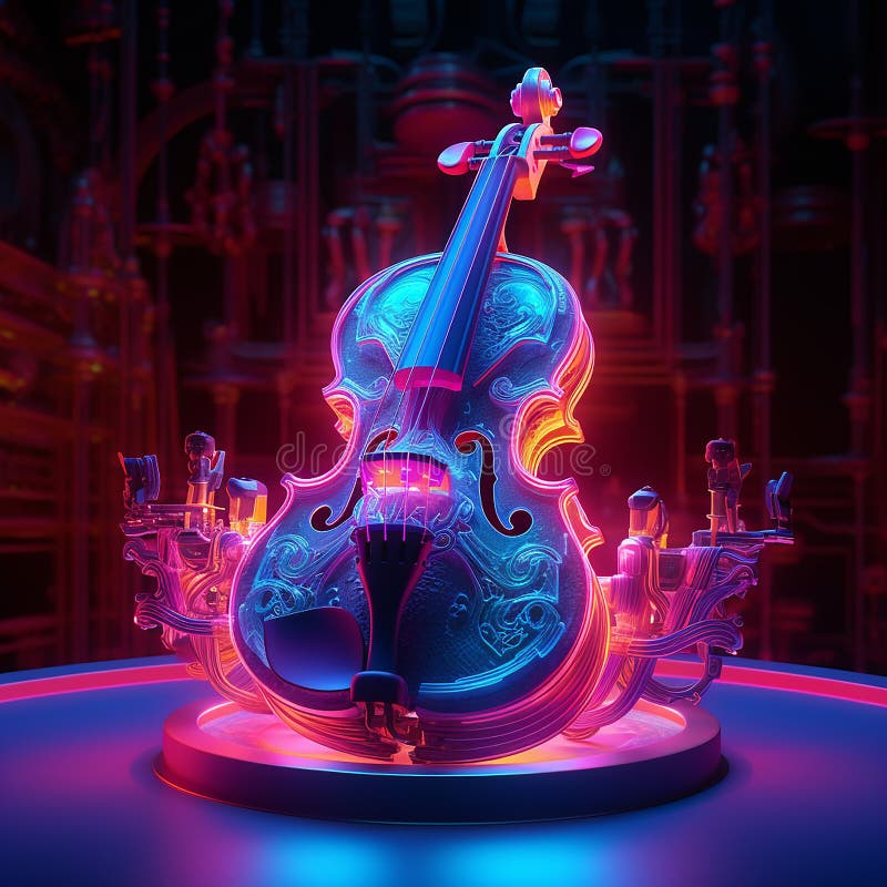 Violin in Neon Glowing Light, on Dark Background. Stock Illustration ...