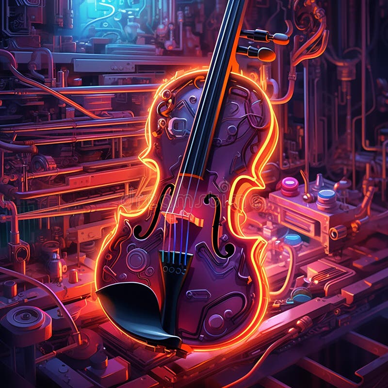 Violin in Neon Glowing Light, on Dark Background. Stock Illustration ...