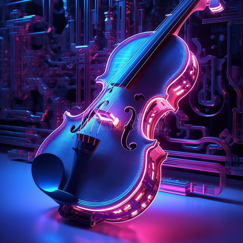 Violin in Neon Glowing Light, on Dark Background. Stock Illustration ...
