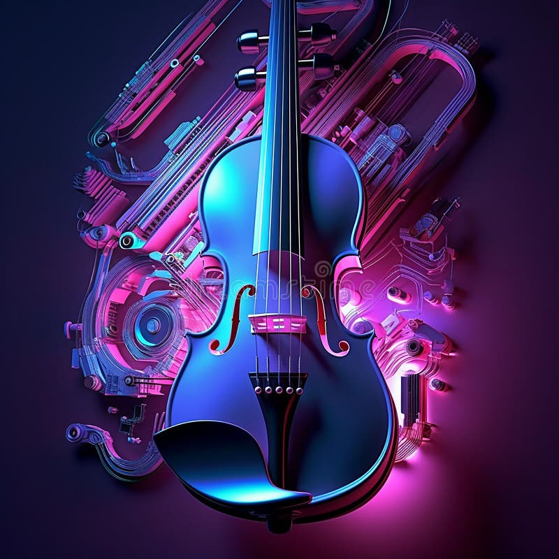 Violin in Neon Glowing Light, on Dark Background. Stock Illustration ...