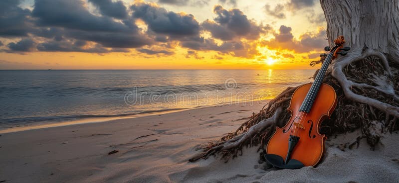 Violin Resting on Sandy Beach at Sunset, Serene Ocean Waves, Dramatic ...