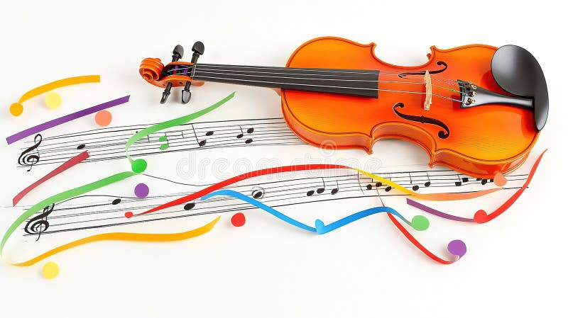 Violin Rests on Sheet Music with Colorful Ribbons Stock Image - Image ...