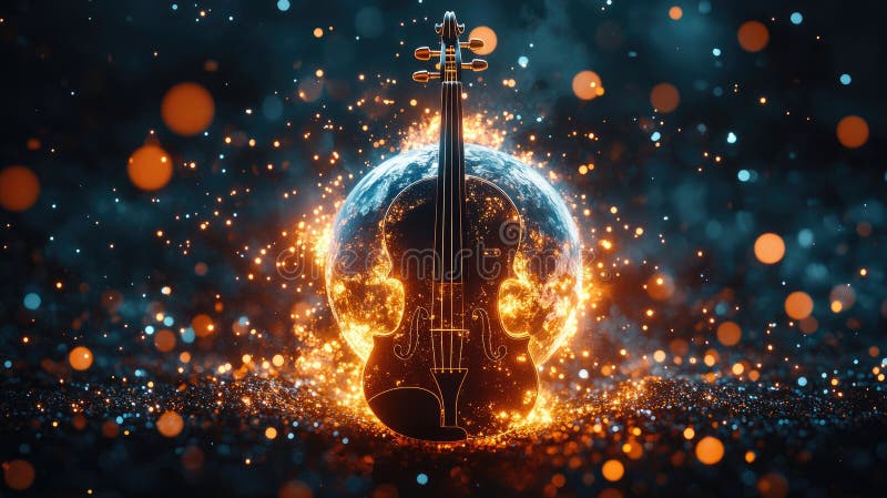 A Violin Silhouette on Fire with Blue and Orange Sparks, Glowing in the ...
