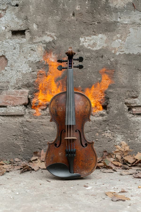 Violin Standing in Front of a Wall with Flames Behind it. Stock ...