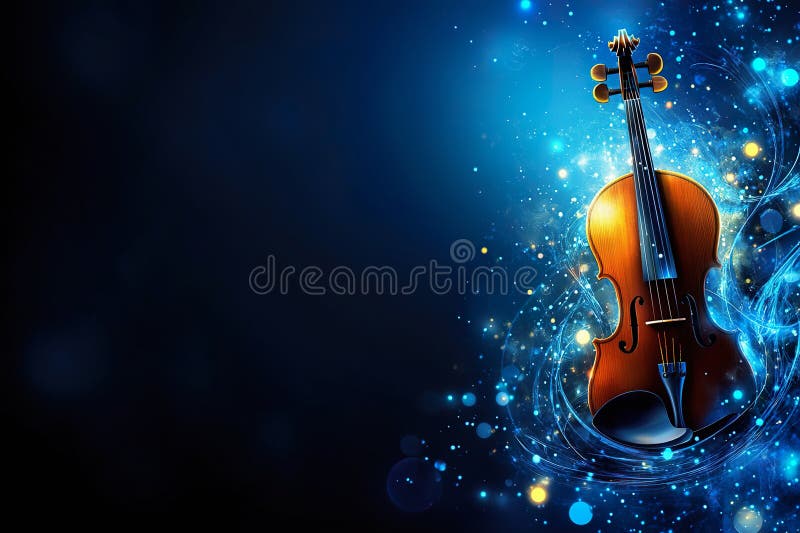 Violin Surrounded by Luminous Musical Notes, Blue Backdrop, Copy Space ...