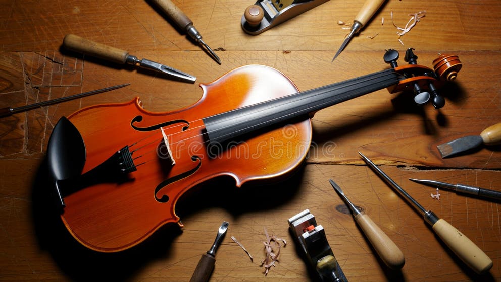Violin Surrounded by Tools on a Wooden Workbench during Crafting ...