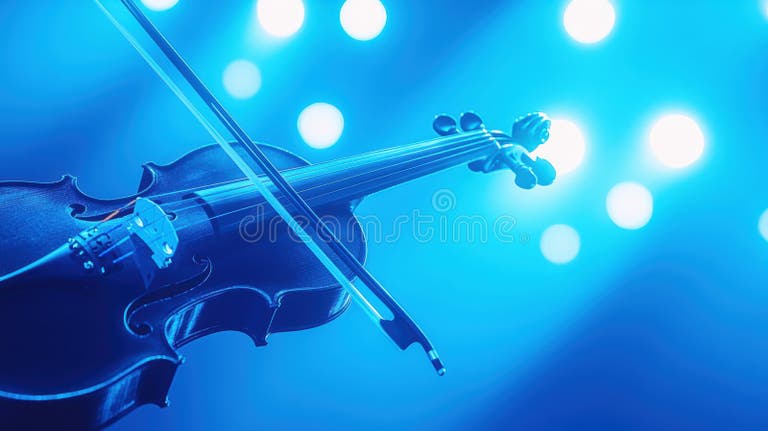 Violin Under Blue Spotlight with Glowing Strings in Dramatic Stage ...