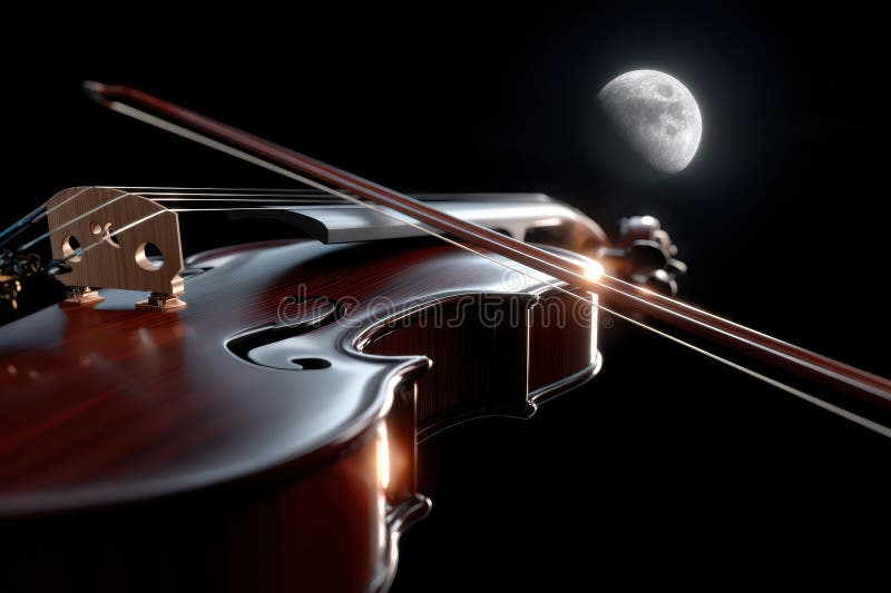 Violin Under a Full Moon in a Serene Night Setting with Soft Light and ...