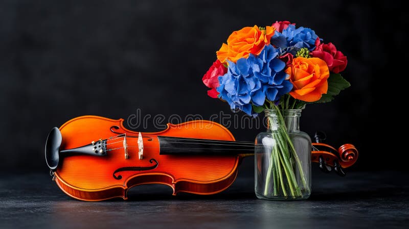 A Violin and a Vase of Flowers on a Table Stock Image - Image of serene ...