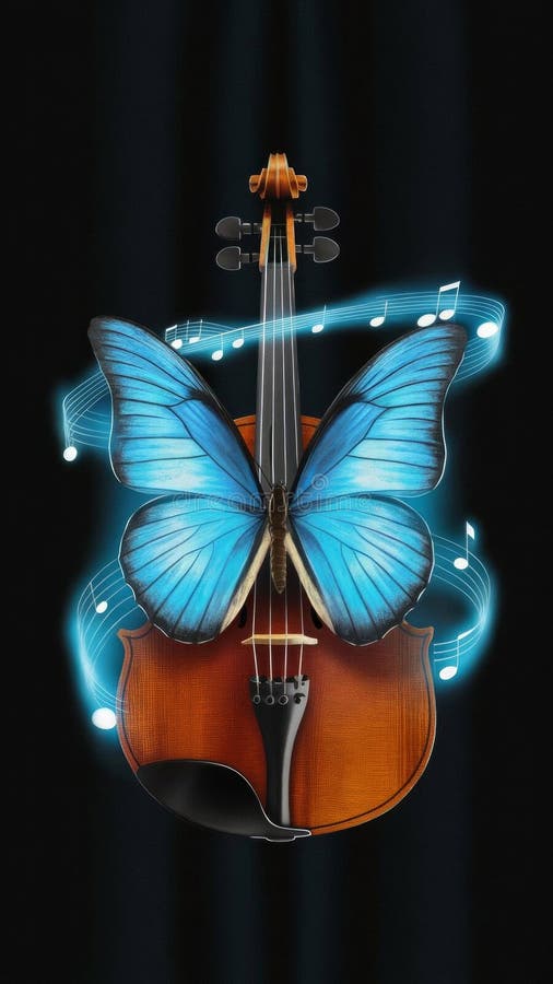 Violin with Vibrant Blue Morpho Butterfly Gracefully Perched on Its ...
